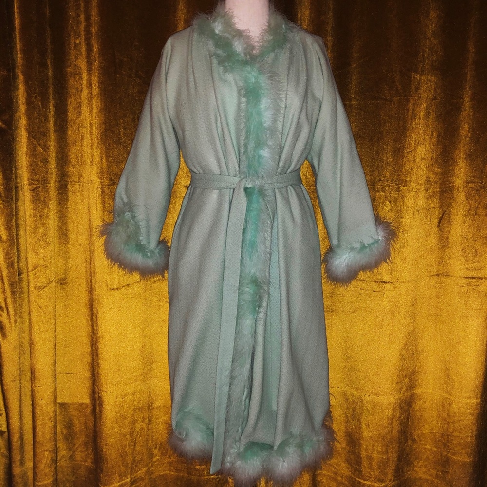 Vintage Seafoam Green Cashmere Marabou Robe Jacket - Gem